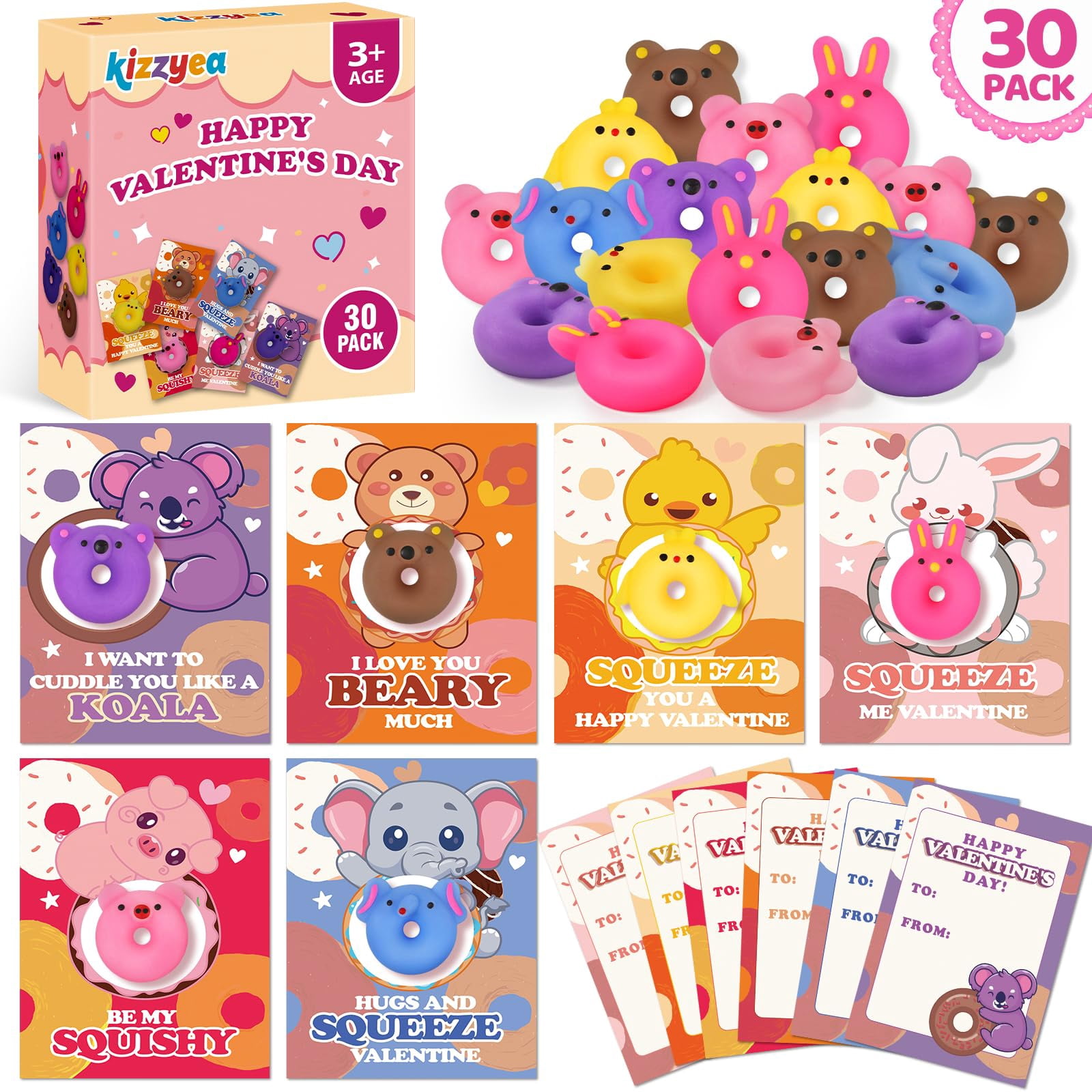 30 Packs Valentines Day Cards for Kids School with Animal Donut Squishy ...