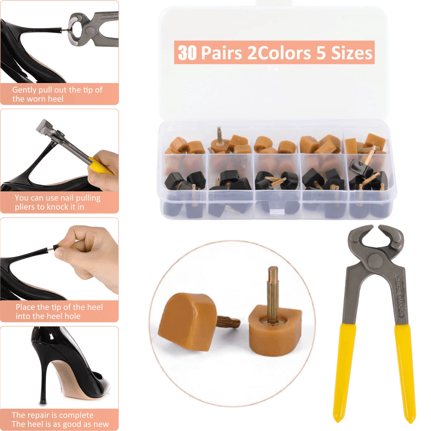 30 Pairs High Heel Replacement Tips Kit with Pliers, Round and Square ...