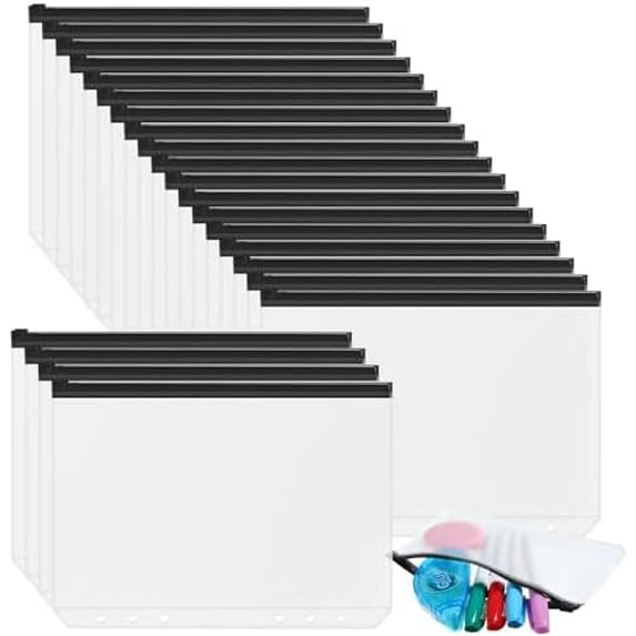 30 Pcs A5 6 Rings Black Zipper Binder Pouches Clear Binder Pockets with ...