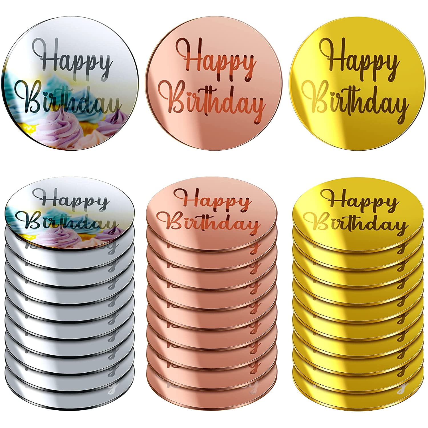 30 Pcs Acrylic Cupcake Toppers - Happy Birthday Cake Disc Mirror ...