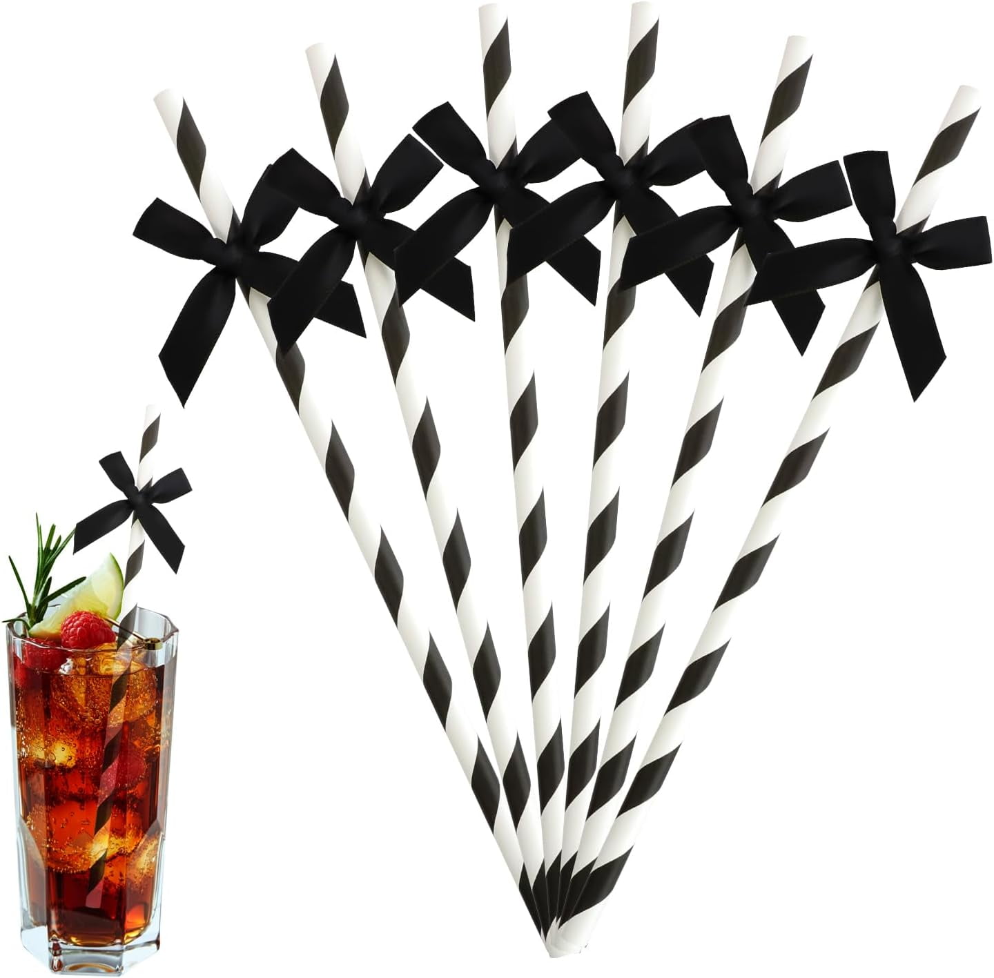 30 Pcs Black Paper Straws for Drinking, Bow Striped Straws Disposable ...