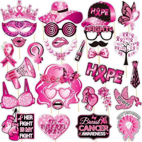 30 Pcs Breast Cancer Awareness Photo Booth Props, Pink Ribbon Selfie ...