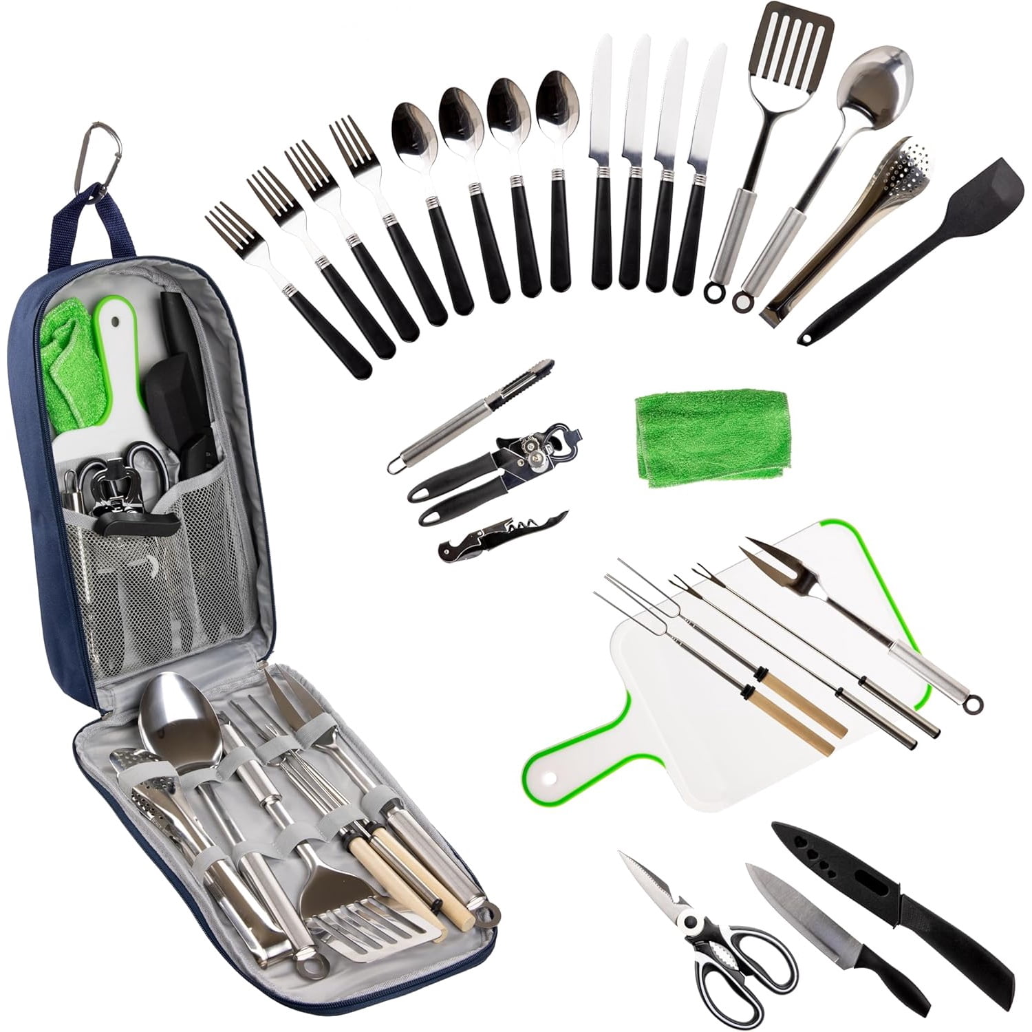30 Pcs Camp Cooking Utensil Set & Outdoor Kitchen Gear Cookware Kit ...