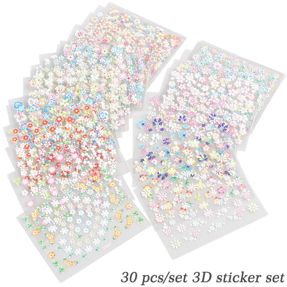 30 Pcs Colorful Flower Nail Stickers Set Small Sakura Daisy Cute ...