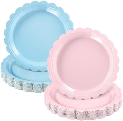30 Pcs Gender Reveal Plates 9 Inch Disposable Scalloped Pink and Blue ...