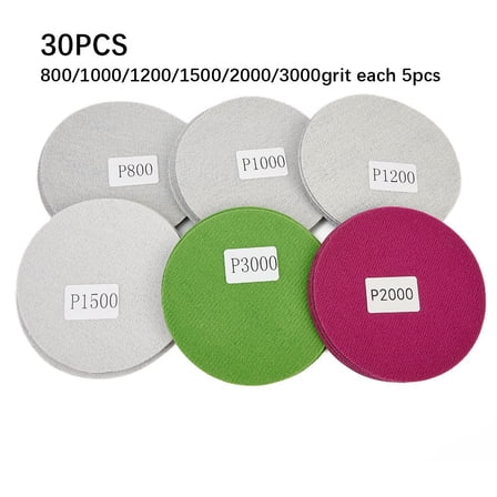 30pcs 3" 75mm Hook&Loop Wet/Dry 800 1000 1200 1500 2000 3000 Grit ...