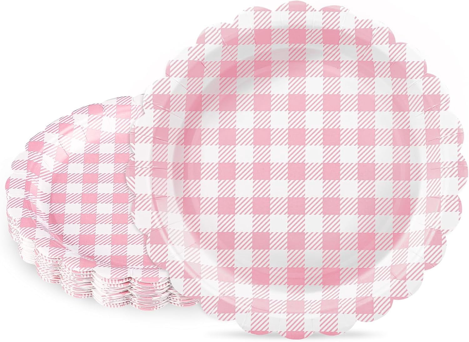 30 Pcs Light Pink Gingham Plates, 7 Inch Scalloped Plaid Dessert Cake ...
