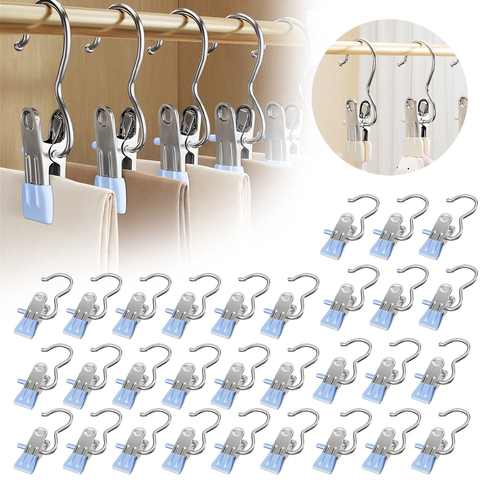 30 Pcs Metal Hanging Clips with Hooks,Heavy-Duty Rust-Resistant Laundry ...
