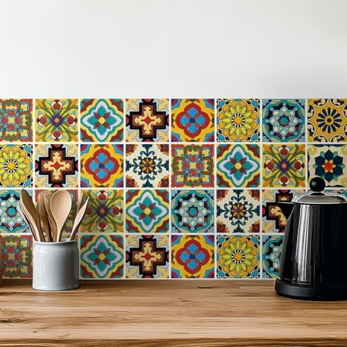 30 Pcs Mexican Talavera Tile Stickers, 4x4 Inch Colorful Spanish Peel ...