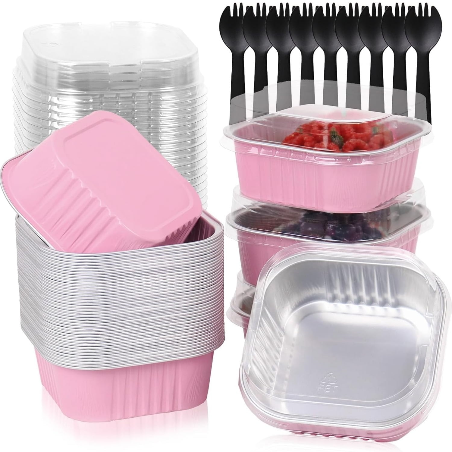 30 Pcs Mini Cake Pans with Lids and Spoons Aluminum Foil Cupcake Baking ...