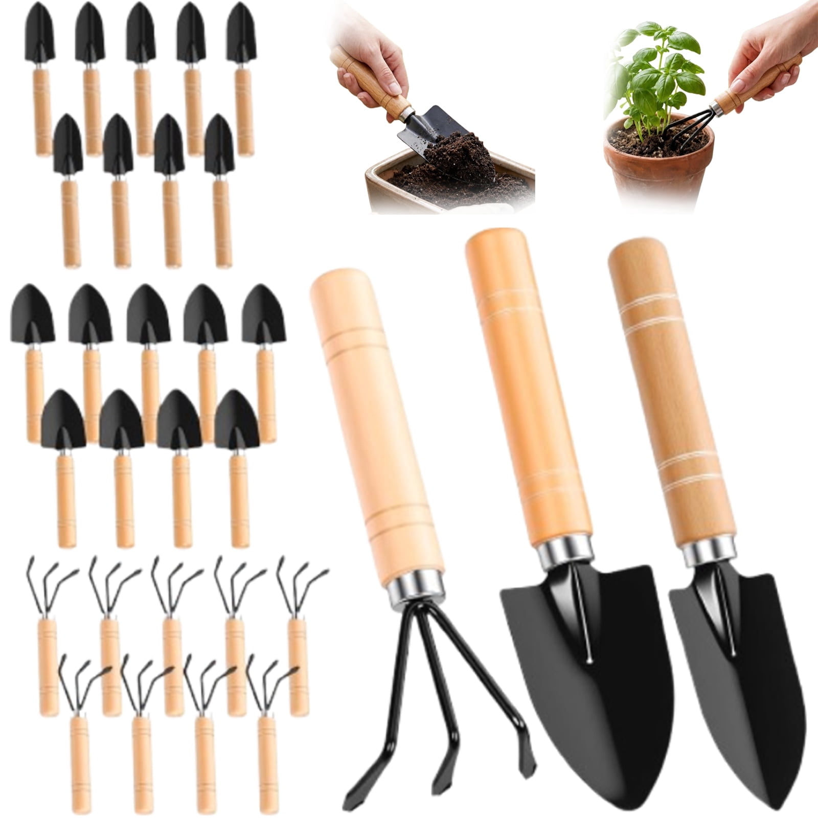 30 Pcs Mini Gardening Tool Set, Wooden Handle Small Shovel Spade Rake ...