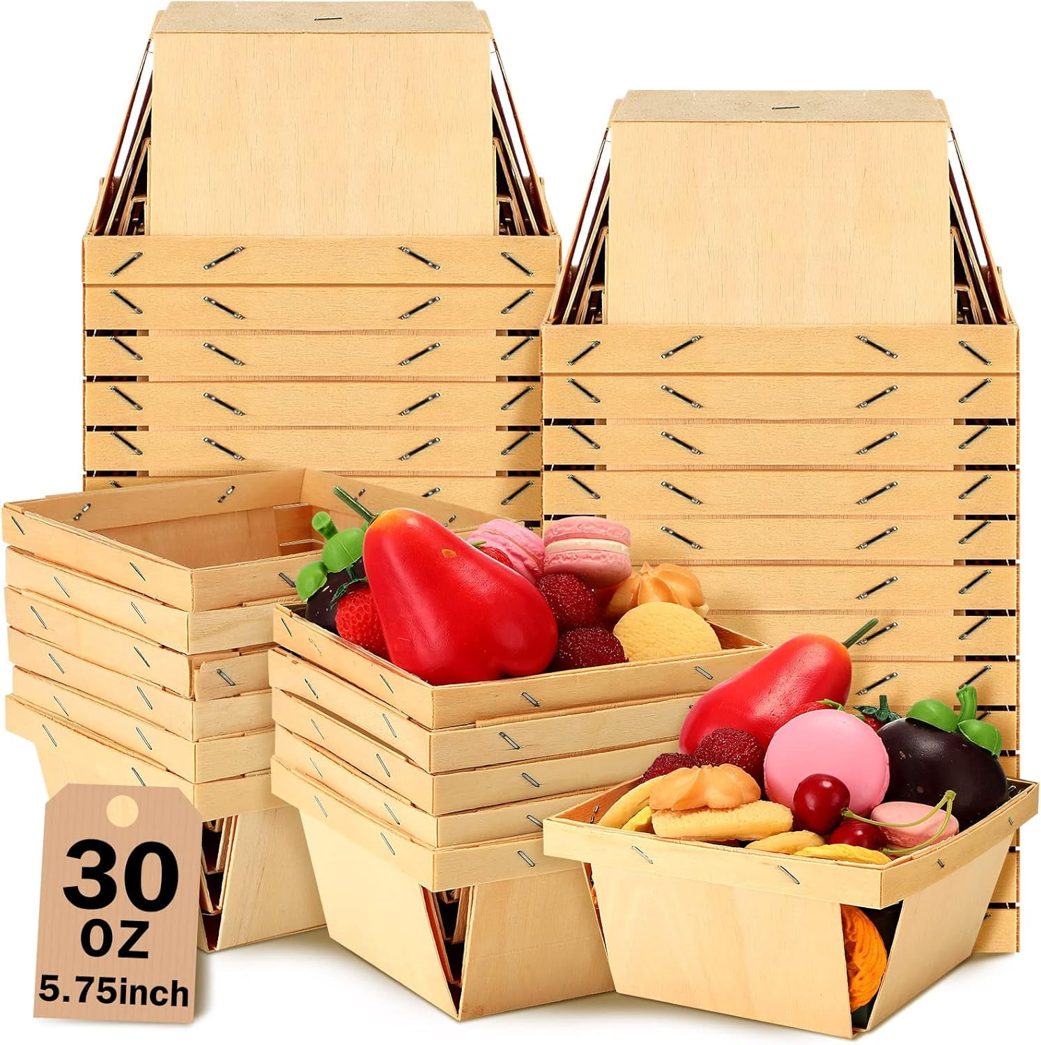 30 Pcs One Quart Wooden Berry Baskets Bulk 5.75 Inch Square Vented Wood ...