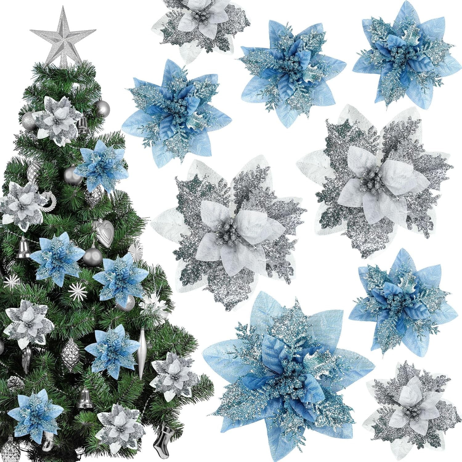30 Pcs Poinsettia Christmas Artificial Glitter Flower Xmas Flower ...