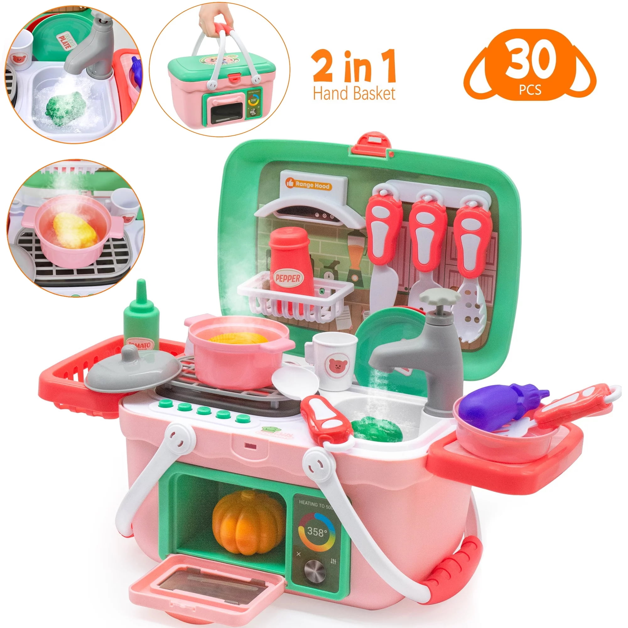 30 Pcs Pretend Play Kitchen Sink Toys with Play Cooking Stove, Kitchen ...