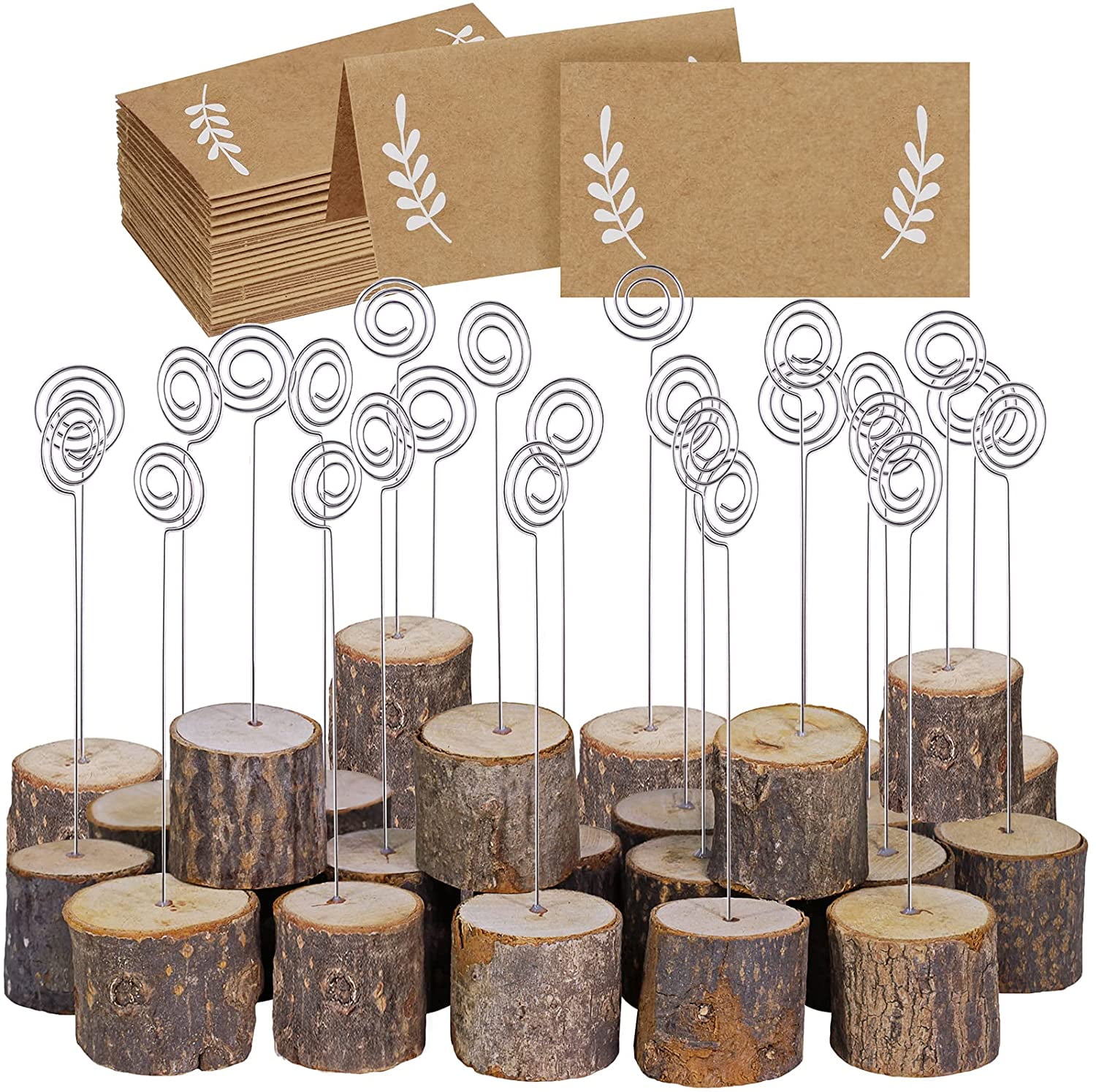 30 Pcs Rustic Wood Place Card Holders with Swirl Wire Wooden Bark Memo ...