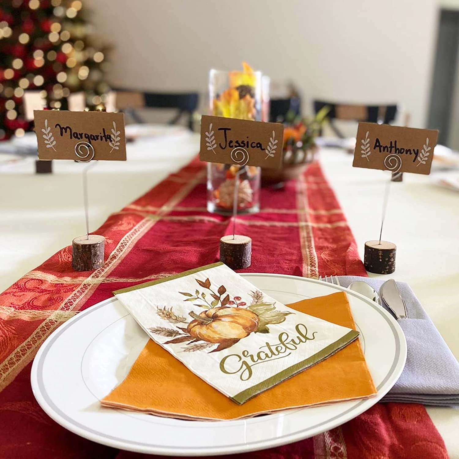 30 Pcs Rustic Wood Place Card Holders with Swirl Wire Wooden Bark Memo ...