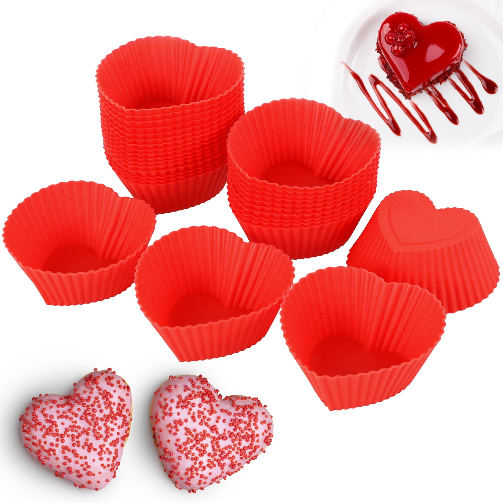 Ghojet 30 Pcs Heart Shaped Silicone Cupcake Liners, Nonstick, Reusable ...