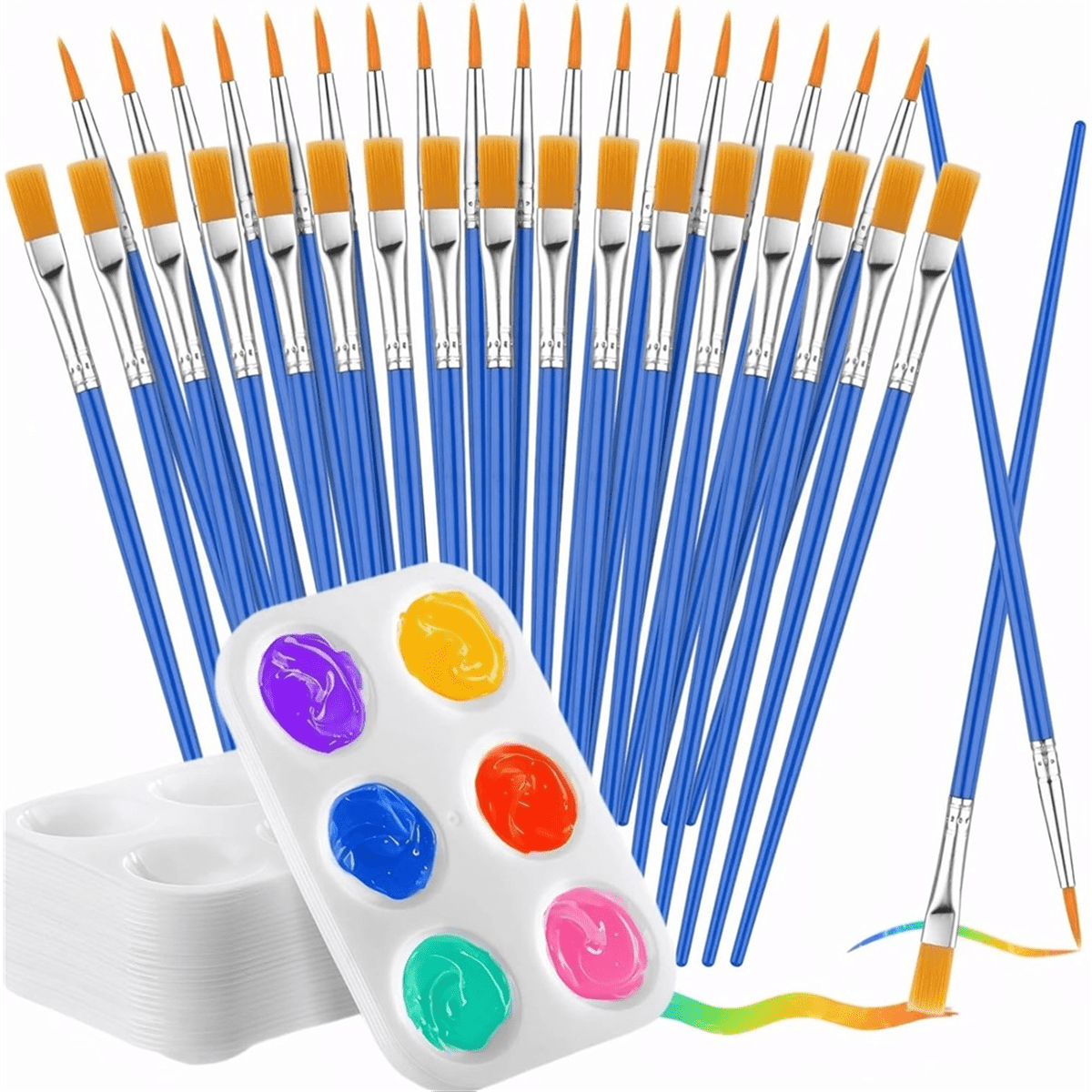 30 Pcs Small Paint Brushes Bulk and 10 Palettes - 15pcs Flat & Pointed ...