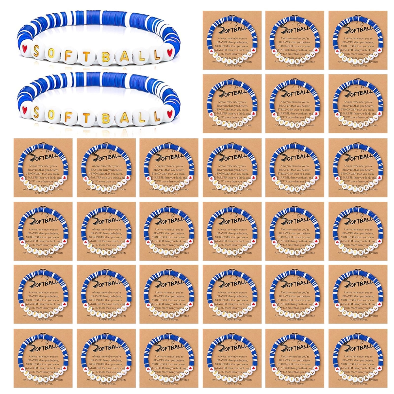 30 Pcs Softball Bracelets, Blue White Clay Bead Bands With Softball ...