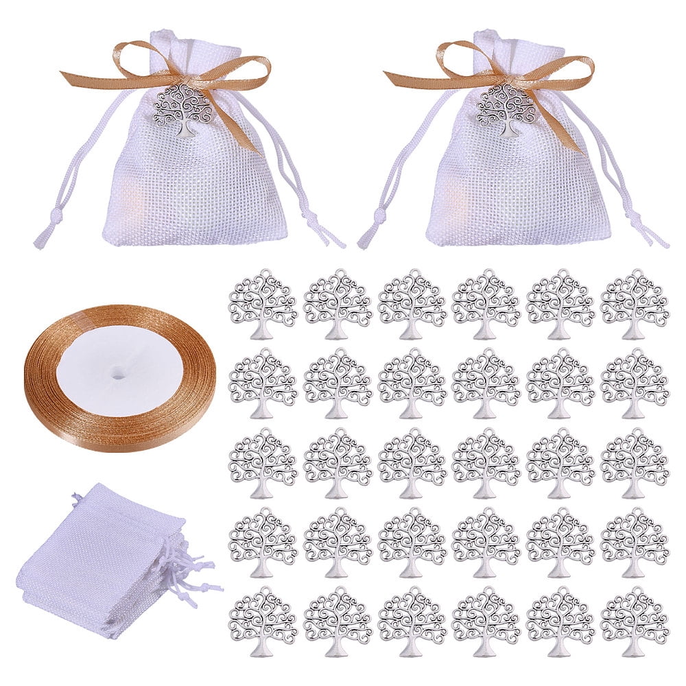 30 Pcs Tree of Life Pendant 30 Pcs Bags and 1 Roll Ribbon Alloy Tree ...