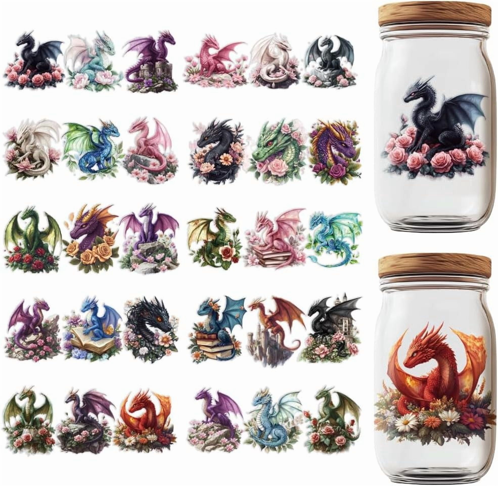 30 Pcs UV DTF Cup Wraps 10 Styles Dragons and Flower Stickers Cartoon ...