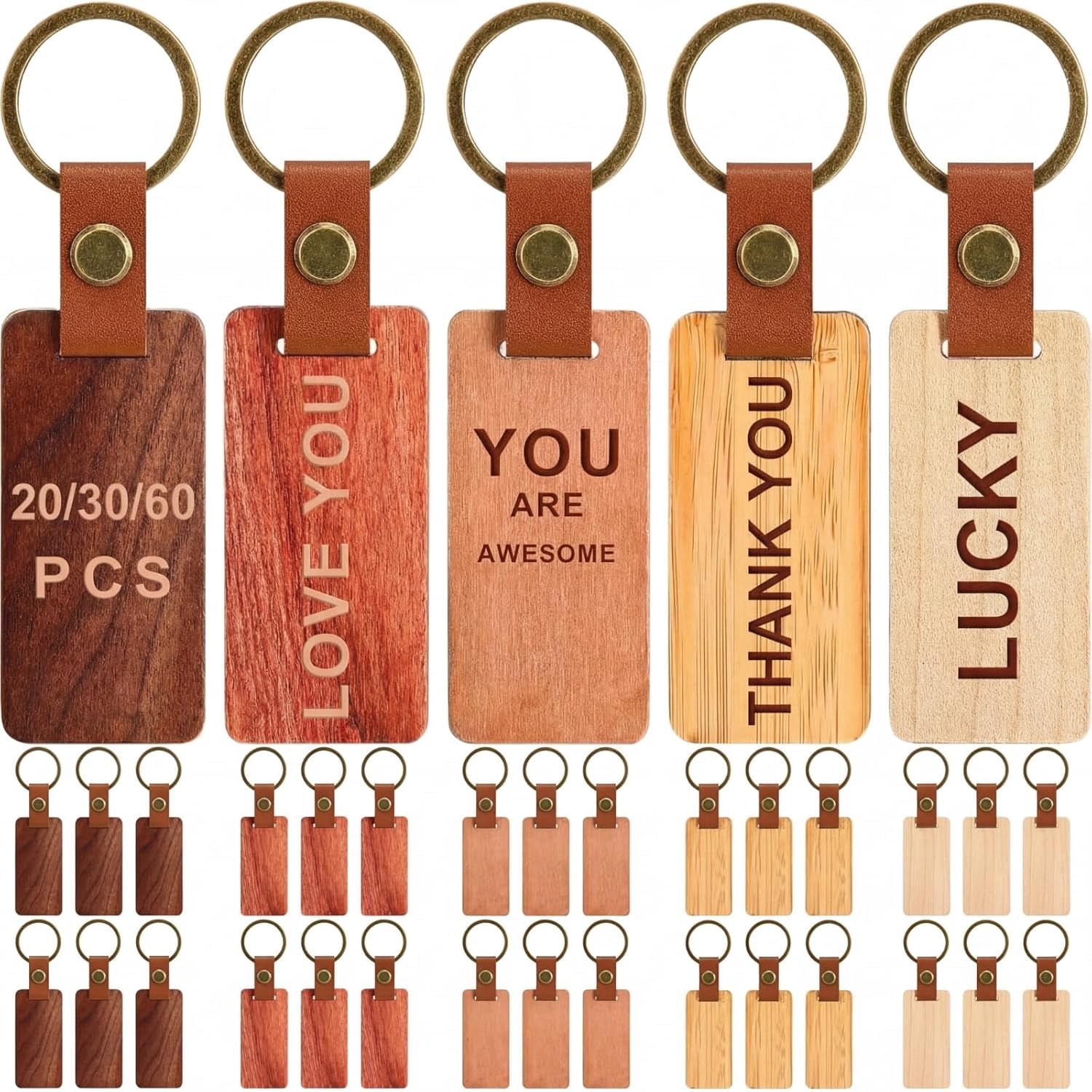 30 Pcs Wooden Keychain Blanks 5 Colors Rectangle Wood Key Chain with ...