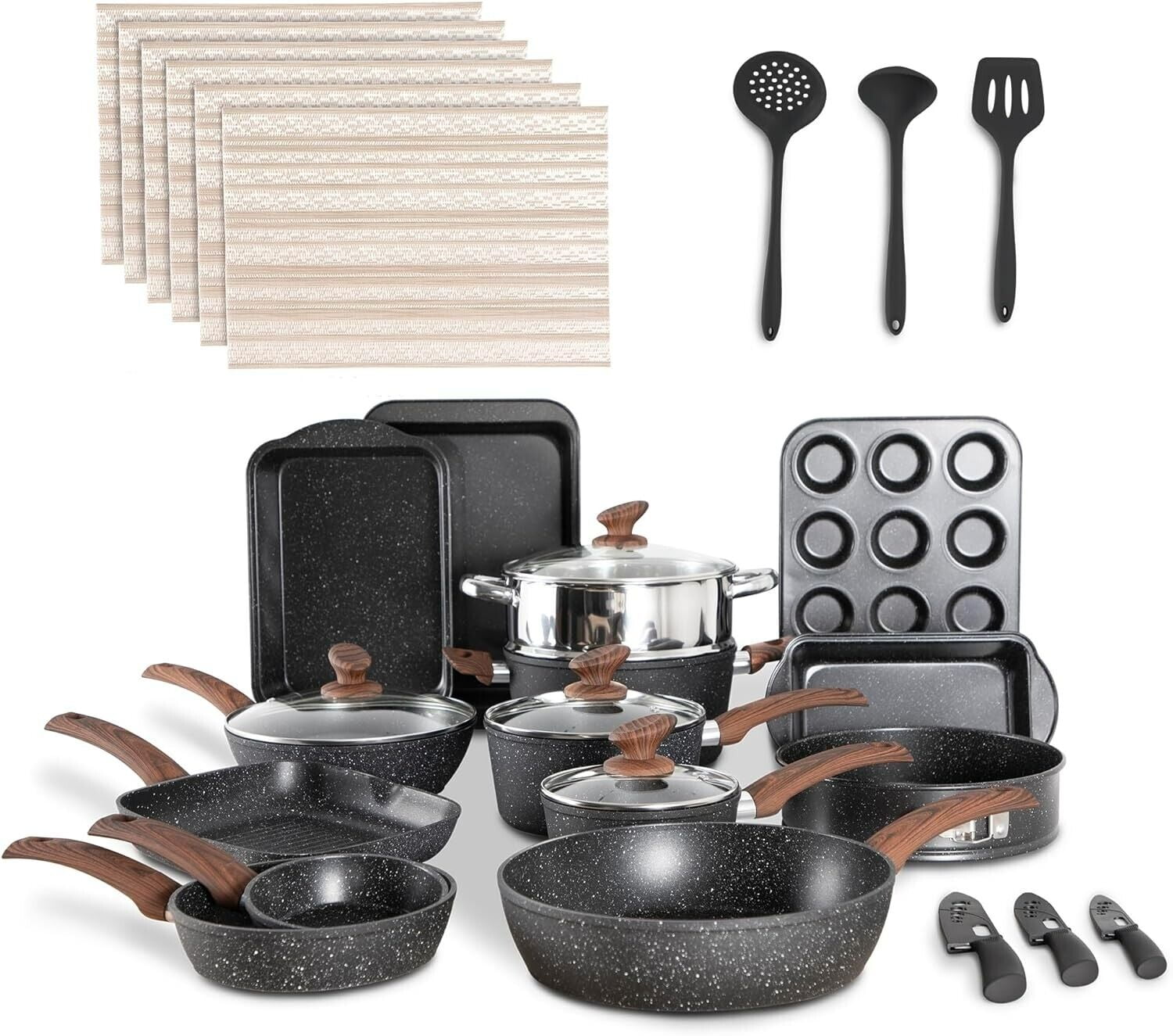 Kitchen Academy 30 Piece Nonstick Aluminum and Granite Cookware Set ...