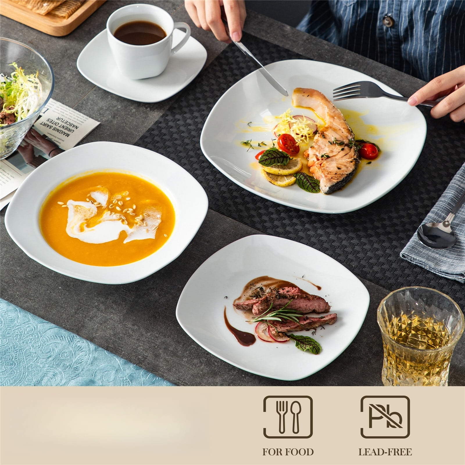30-Piece Porcelain Grey White Dinnerware Set,Serving Plates Dishes Set ...