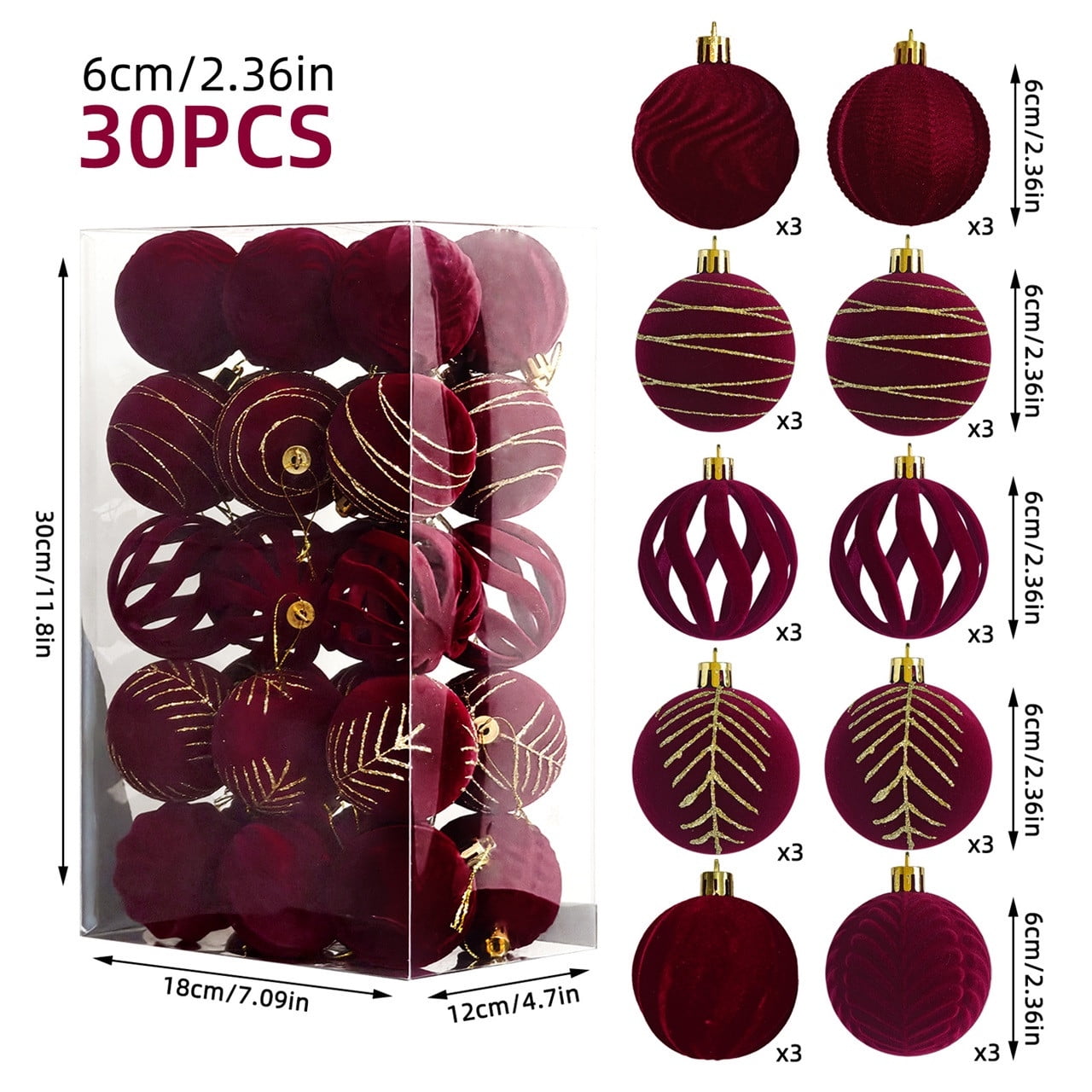 30-Piece Velvet Christmas Ball Set - 2.36-Inch Flocked Tree Ornaments ...
