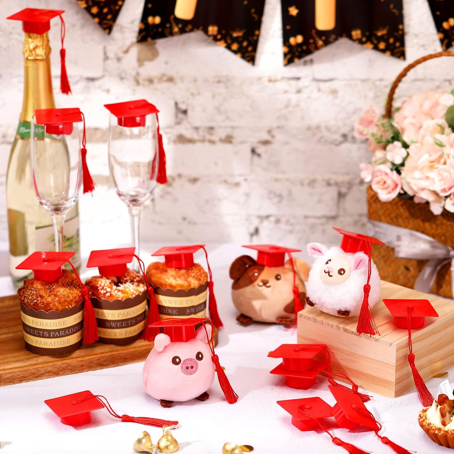 30 Pieces Mini Graduation Cap Red Hats With Red Tassels Plastic Grad ...