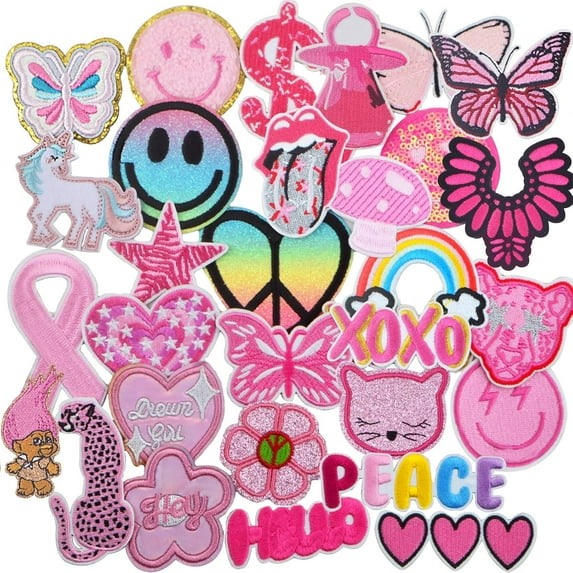 30 Pieces Pink Series Embroidered Iron on Patches Cute Smiley Heart ...