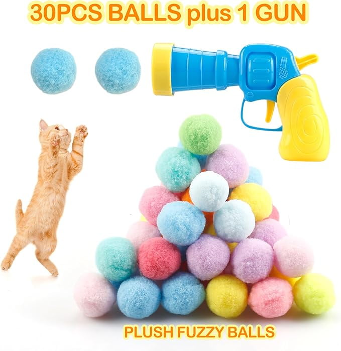 30 Pieces Plush Fluffy Pom Pom Launcher Cat Toys with 1 Launcher, Fun ...
