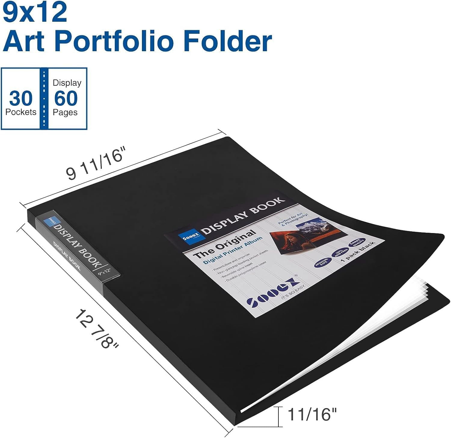 30-Pocket Binder with Plastic Sleeves 9x12, Heavy Duty Art Portfolio ...