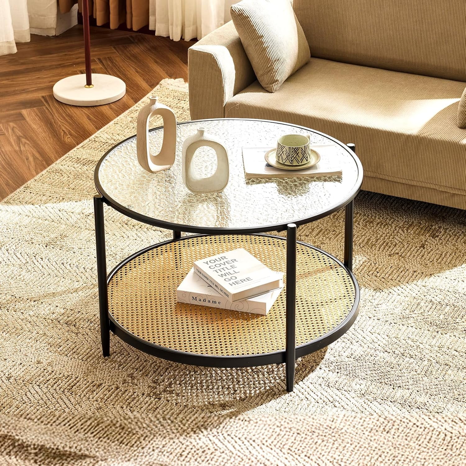 30" Rattan Coffee Table, Round Water-Wave Glass Metal Center Table ...