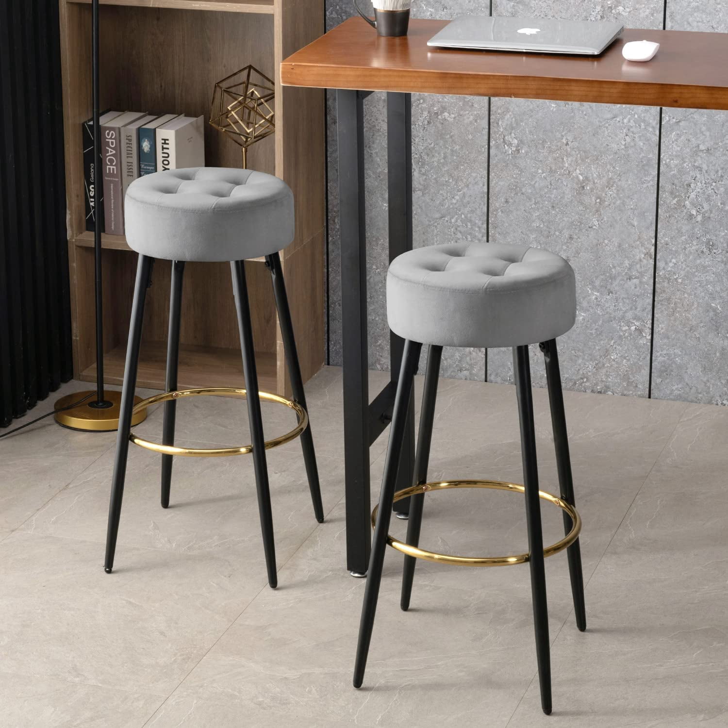 30"Round Grey Velvet Bar Stools Upholstered Kitchen Counter Height ...
