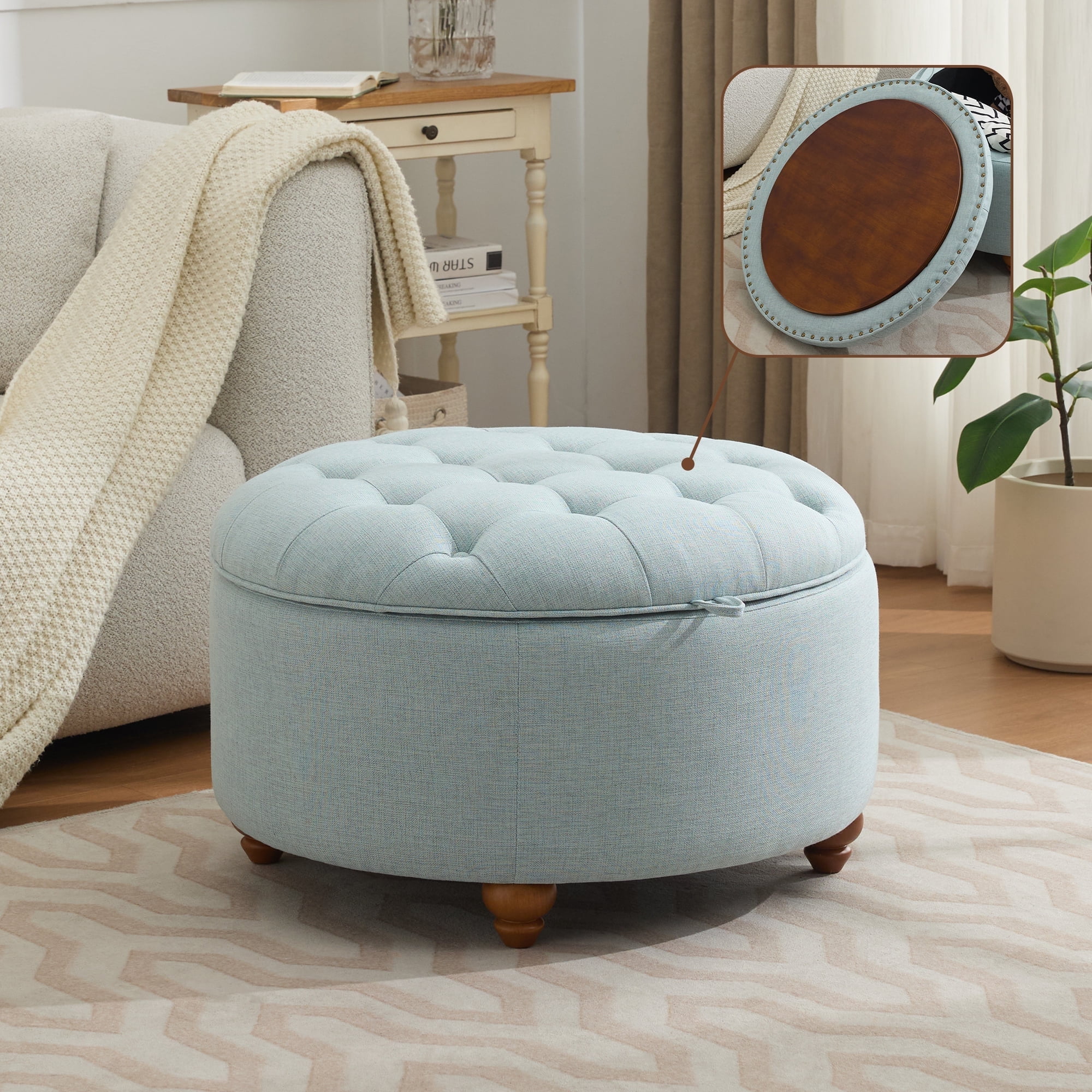 30'' Round Ottoman with Storage, Modern Tufted Fabric Storage Ottoman ...