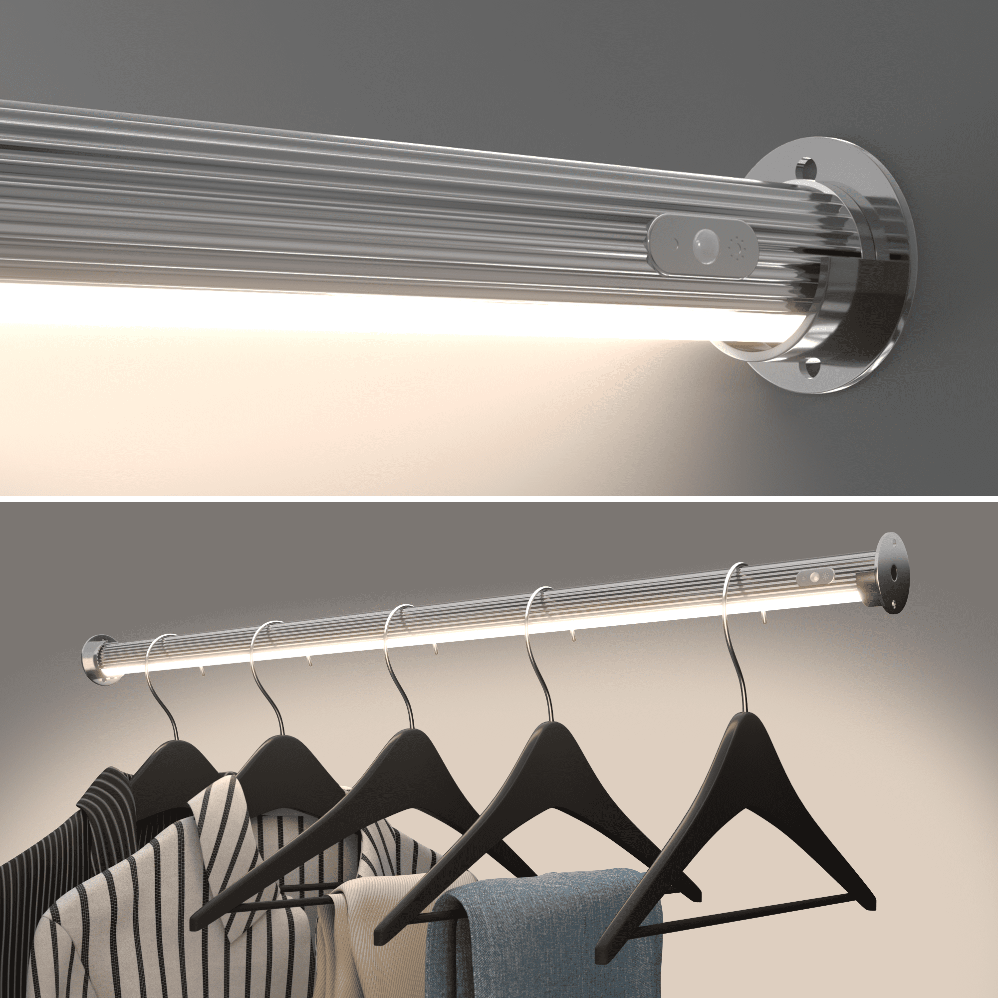 30" Round Ridged LED Closet Hanging Rod in Chrome with PIR Motion ...