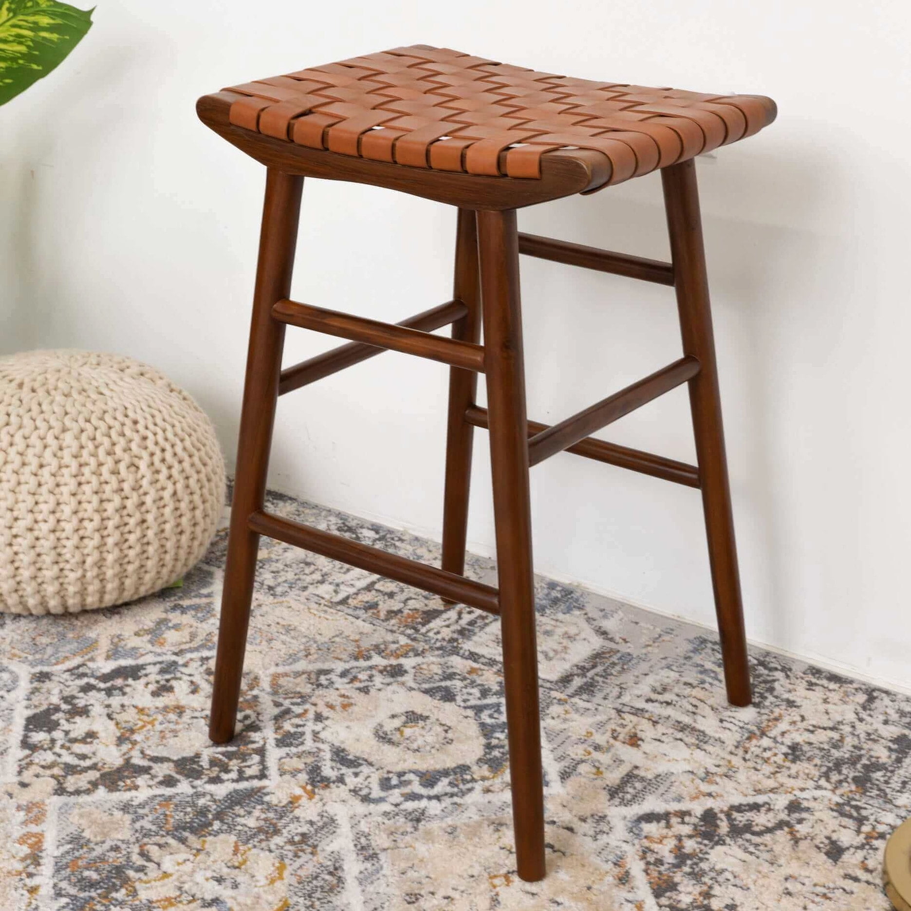 30" Rustic Tan Leather Stool, Solid Wood, Suitable for Bar Area ...