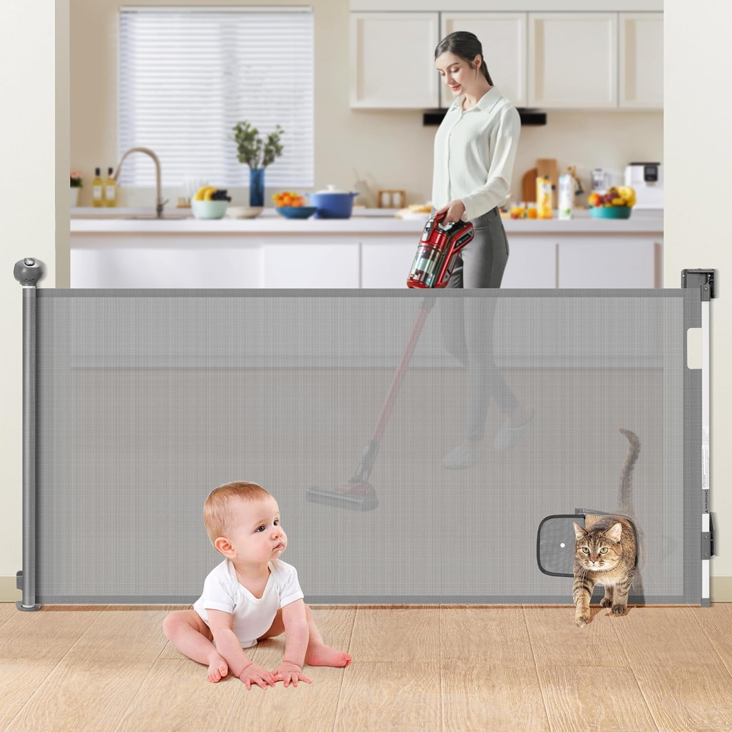 30 Seconds Automatic Locking Stairs Gate, 71" Retractable Gate with Cat ...