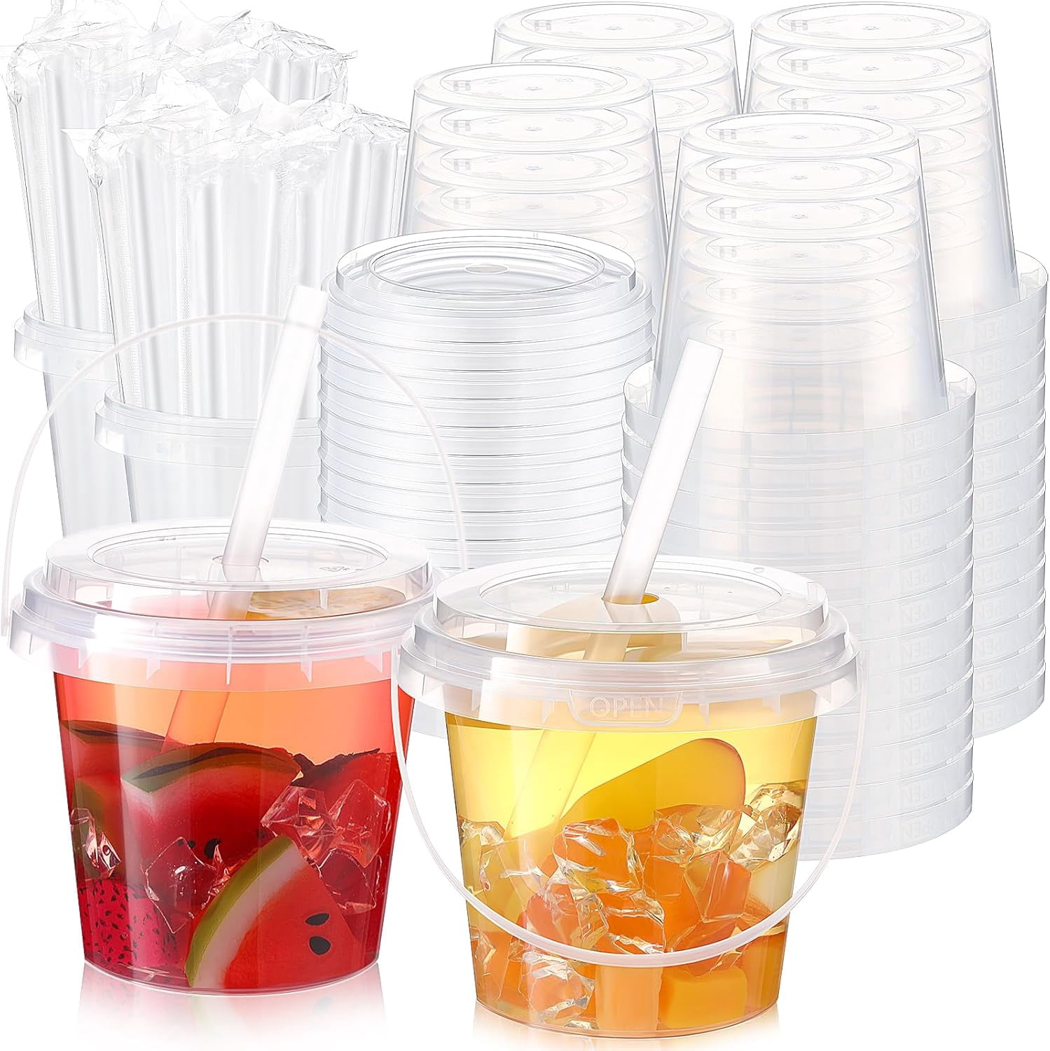 30 Set 24oz Clear Plastic Drink Buckets with Lids and Straws Disposable ...