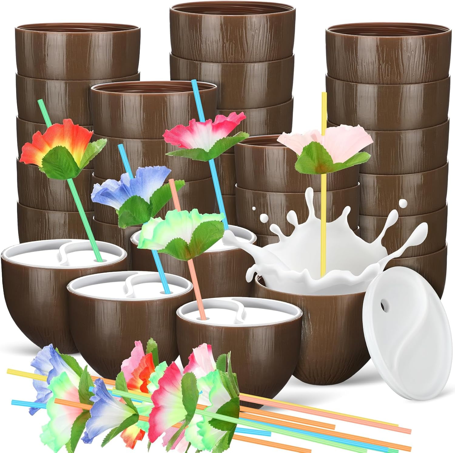 30 Set Coconut Cups with Flower Straws Tropical Cups for Party Coconut ...