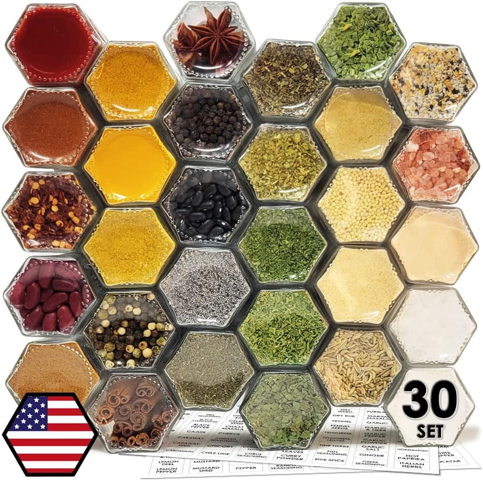 30 Set Magnetic Spice Jars for Refrigerator Hexagon Glass Spice Jars ...