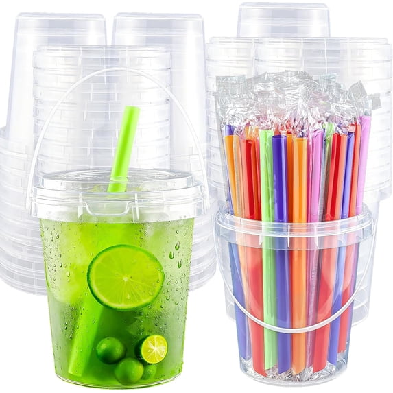 30 Sets Disposable Cups with Lids and Straws 34oz Drink Buckets with ...
