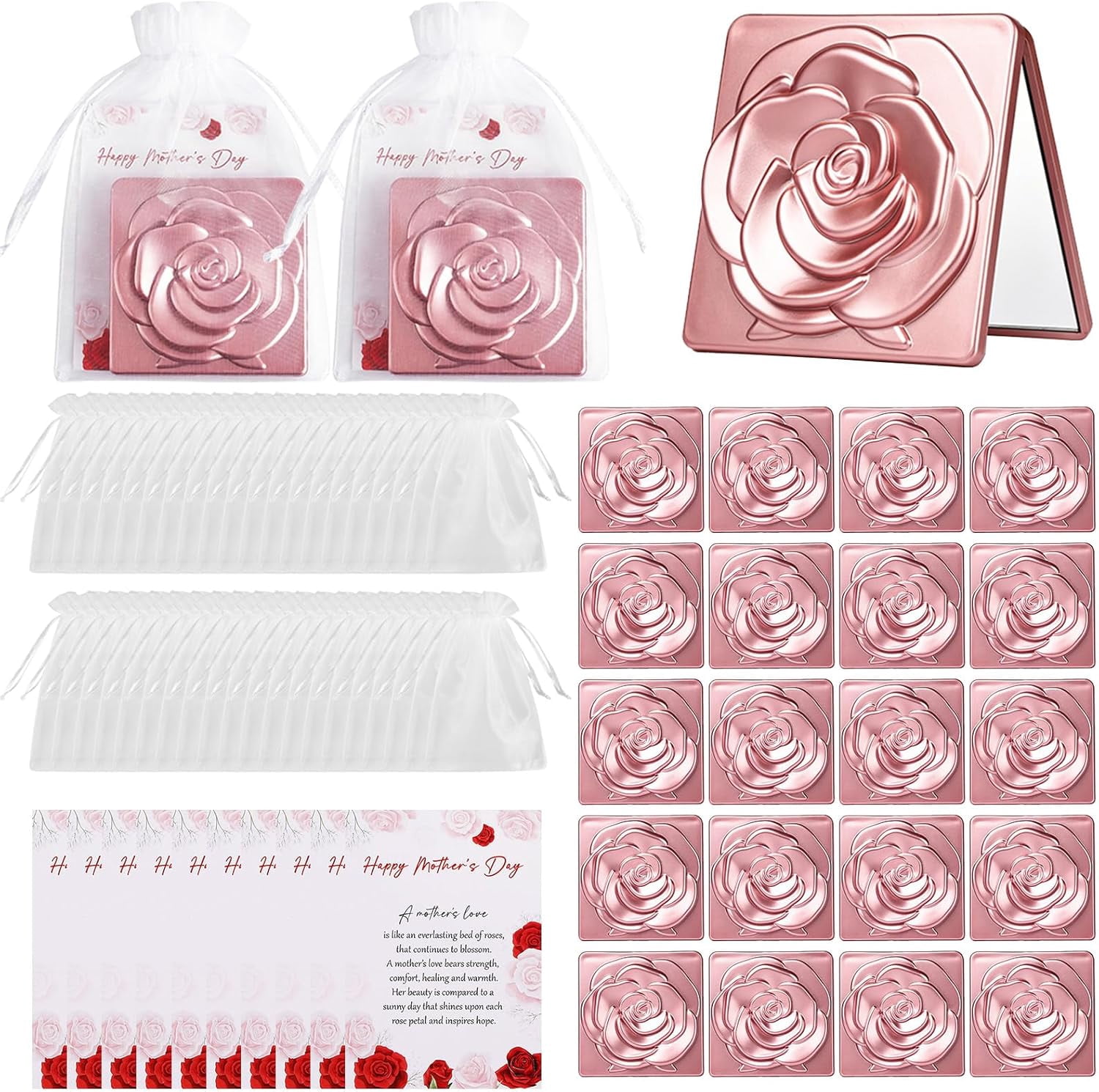 30 Sets Mother's Day Rose Compact Mirrors Gift Bulk Rose Shape Square ...