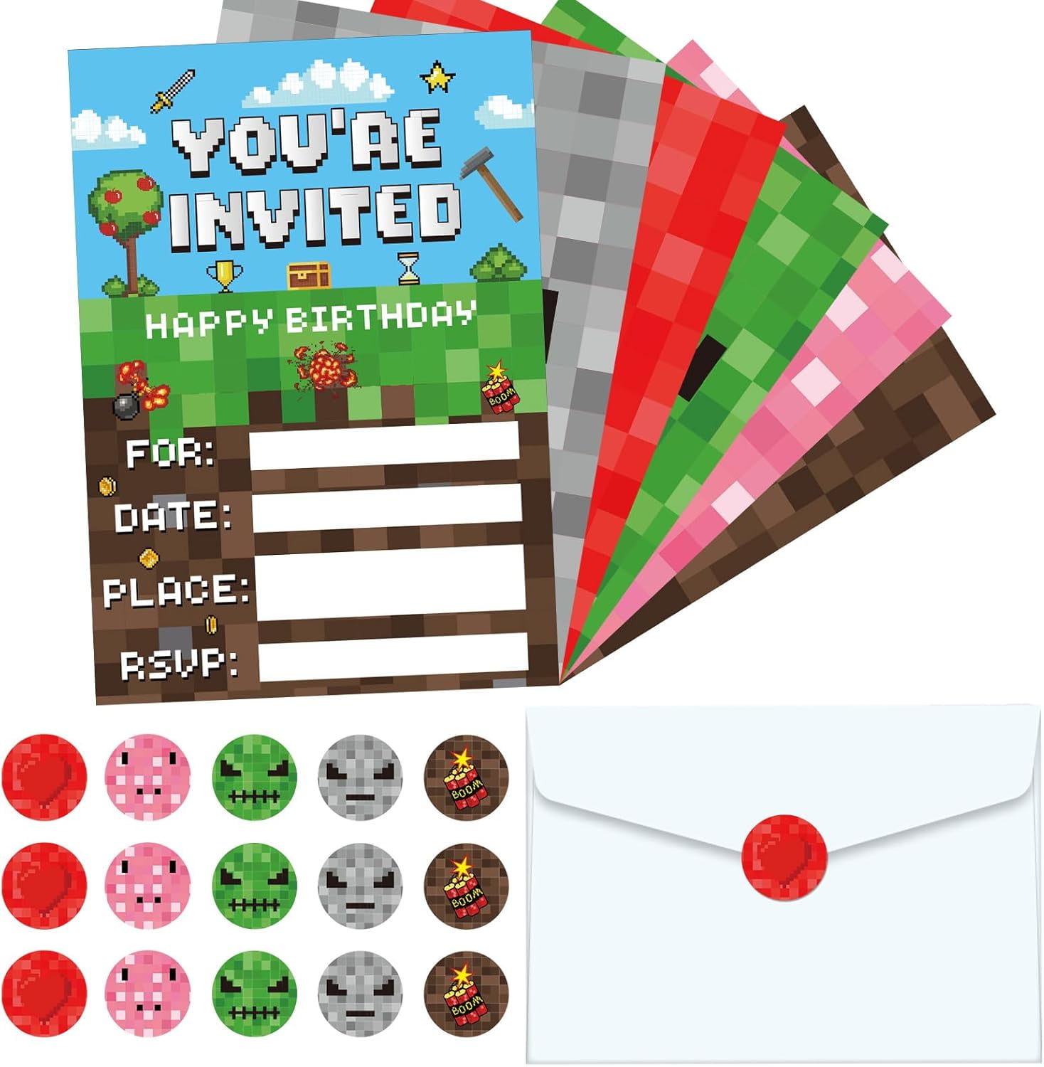 30 Sets Pixel Birthday Party Invitations with Envelopes Sticker Video ...