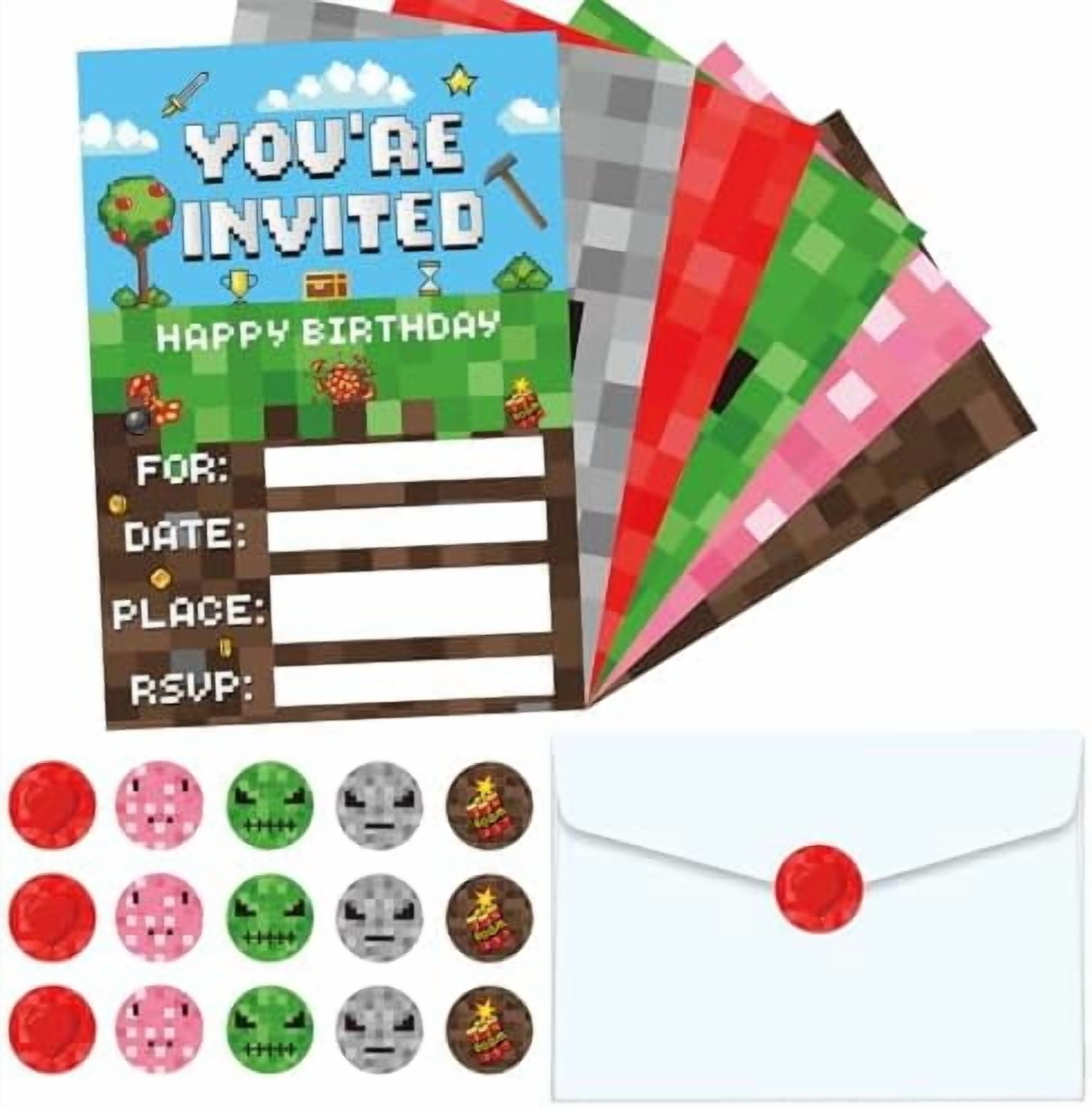 30 Sets Pixel Birthday Party Invitations with Envelopes Sticker Video ...