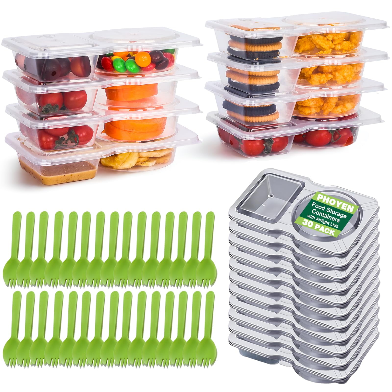 30 Sets Reusable Snack Containers with Lids, Double Compartment Snack ...