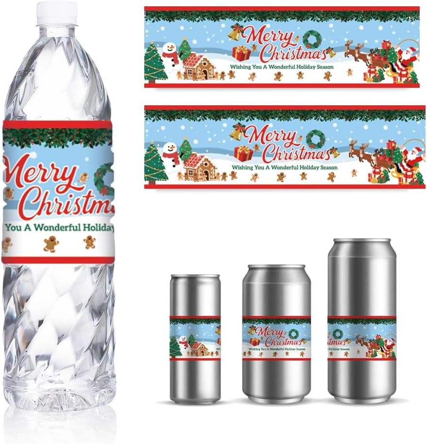 30 Sheets Christmas Water Bottle Labels Santa Claus Gingerbread Men ...