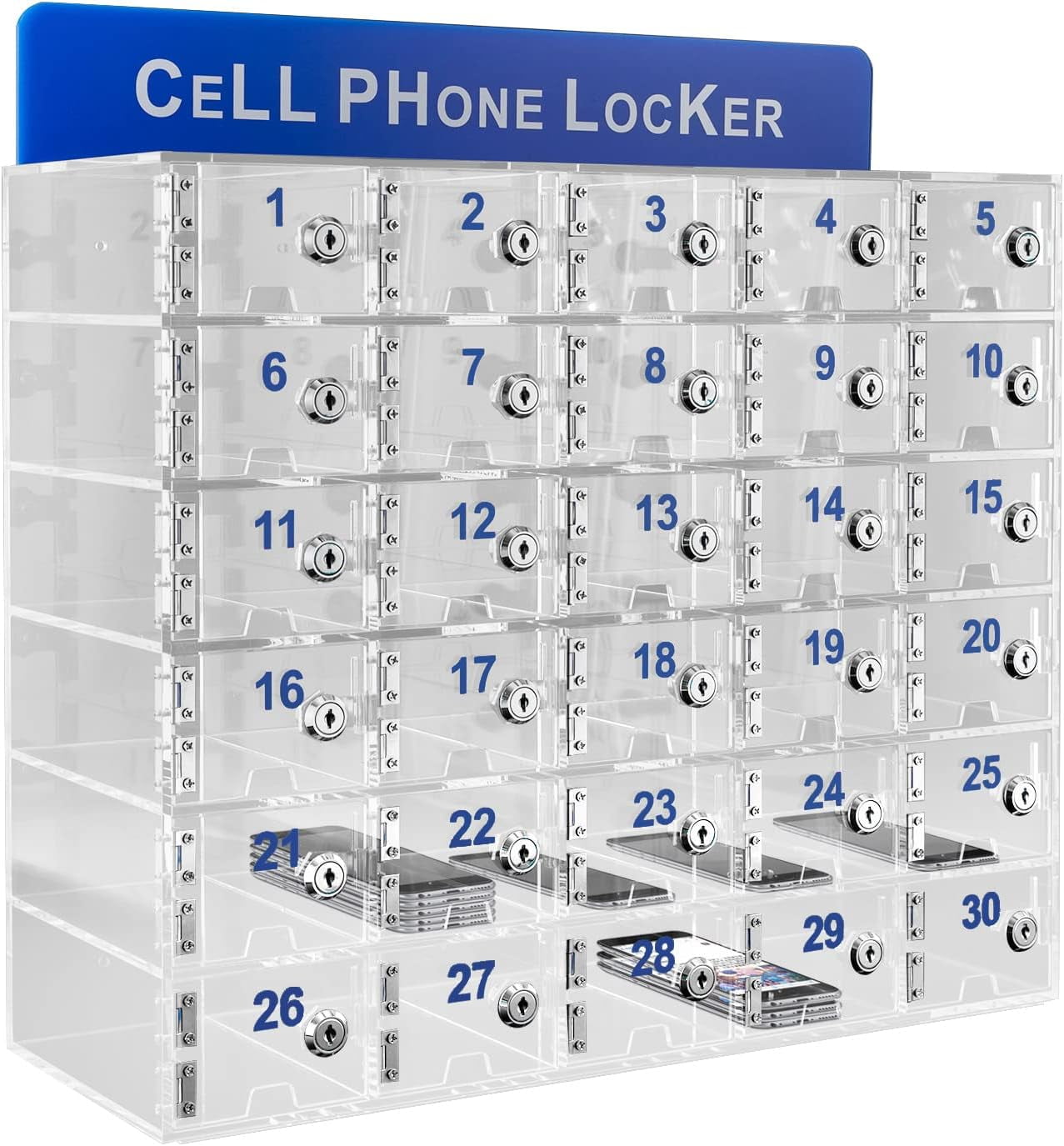30 Slots Acrylic Cell Phone Lock Box with Door Locks and Keys, Wall ...