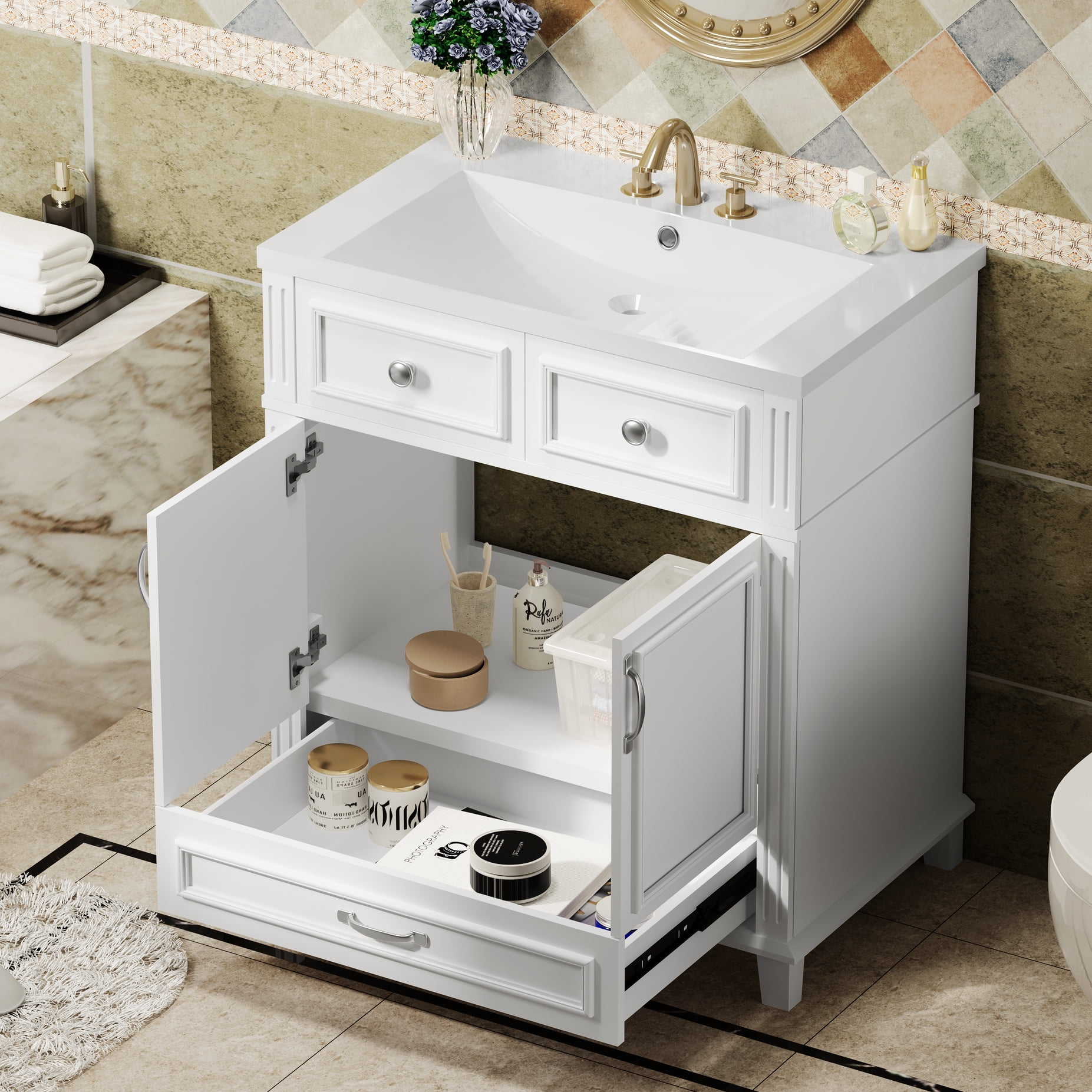 30" Solid Wood Bathroom Cabinet - Resin Sink, Smooth Drawer Slide ...